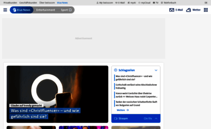Bluewin.ch website. Blue News | bluewin E-Mail | News, Politik, Sport, People.