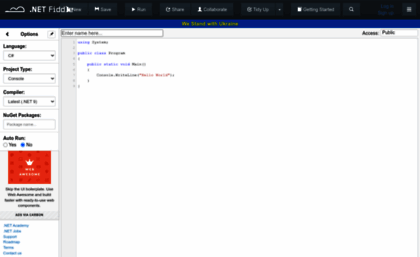 Dotnetfiddle.net website. C# Online Compiler | .NET Fiddle.